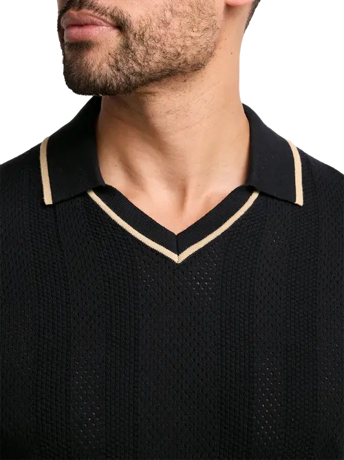 PAUL FREDRICK Cotton Crochet V-neck Polo - Black