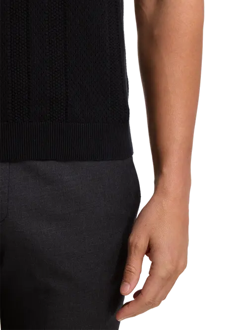 PAUL FREDRICK Cotton Crochet V-neck Polo - Black