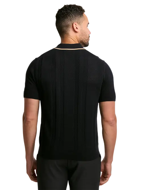 PAUL FREDRICK Cotton Crochet V-neck Polo - Black