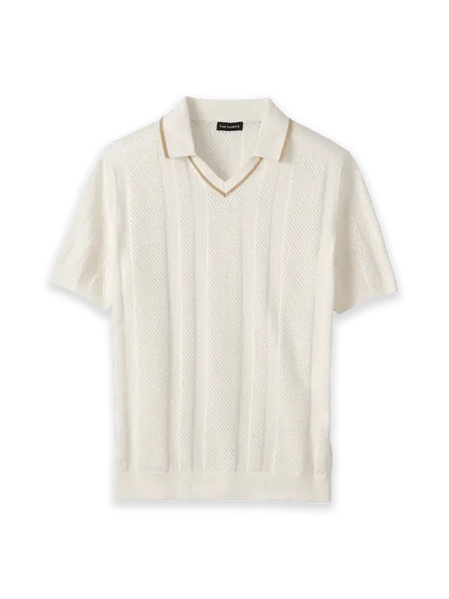 PAUL FREDRICK Cotton Crochet V-neck Polo - White