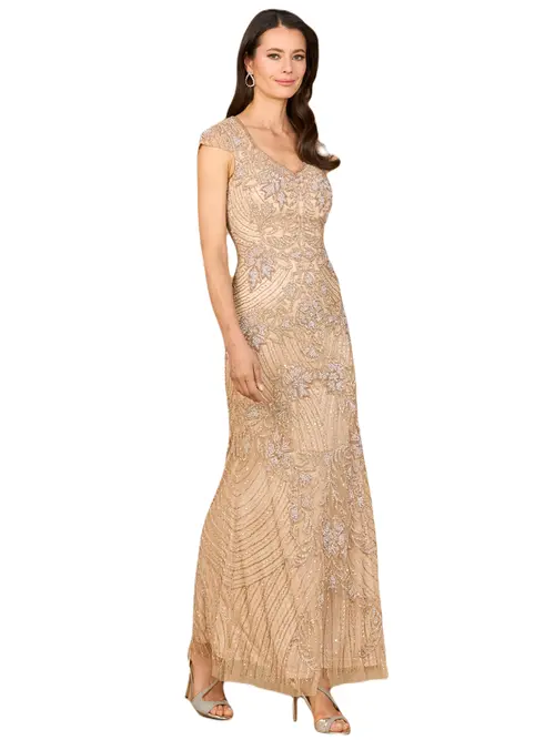 LARA NEW YORK Beaded Cap Sleeve Gown - Nude