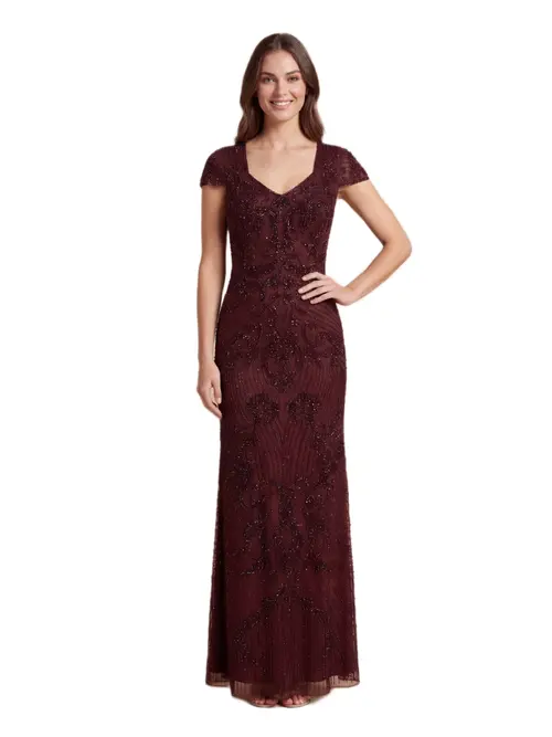 LARA NEW YORK Embellished Cap Sleeve V-neck Gown - Wine