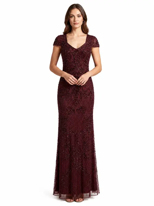LARA NEW YORK Beaded Cap Sleeve Gown - Wine
