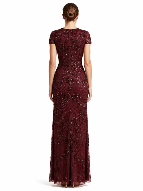 LARA NEW YORK Beaded Cap Sleeve Gown - Wine