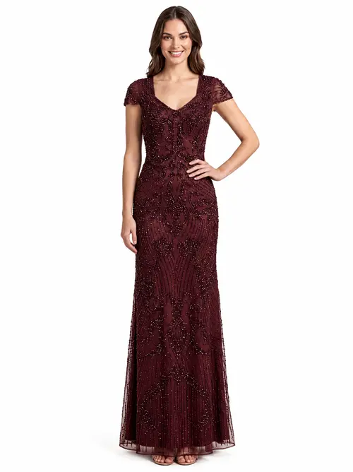 LARA NEW YORK Beaded Cap Sleeve Gown - Wine
