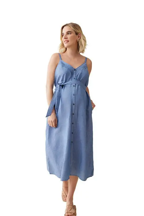 INGRID & ISABEL Button Front Maternity Midi Dress - Chambray