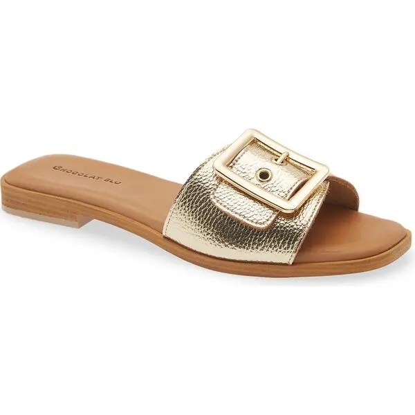 CHOCOLAT BLU Bari Buckled Slide Sandal - Gold Leather