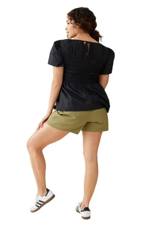 INGRID & ISABEL Short Sleeve Smocked Maternity And Nursing Top - Black