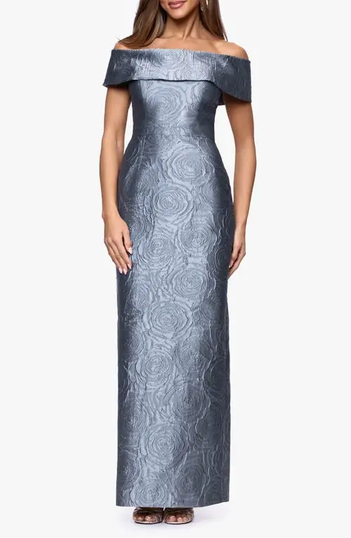 XSCAPE EVENINGS Metallic Jacquard Off The Shoulder Gown - Slate