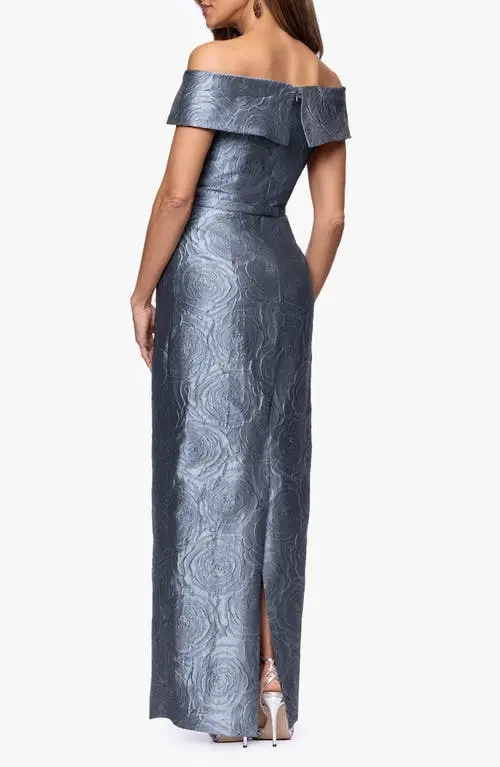 XSCAPE EVENINGS Metallic Jacquard Off-the-shoulder Gown