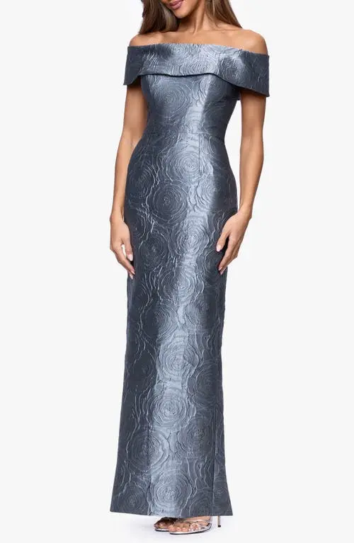 XSCAPE EVENINGS Metallic Jacquard Off-the-shoulder Gown
