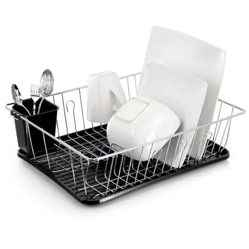 MEGACHEF 16 Inch Chrome Plated And Plastic Counter Top Drying Dish Rack - Black