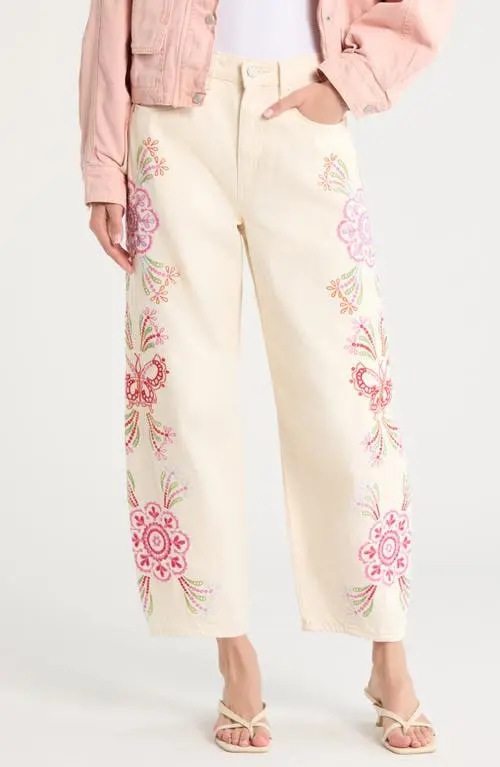 Blanknyc Floral Embroidered Barrel Leg Jeans