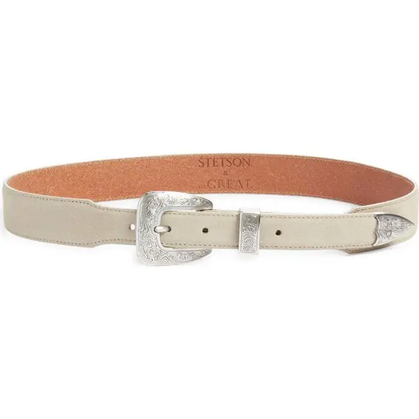 The Great. Stetson Western Narrow Suede Belt - Cream With Silver