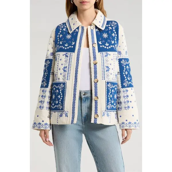 Avec Les Filles Patchwork Bandana Print Quilted Jacket - White-blue