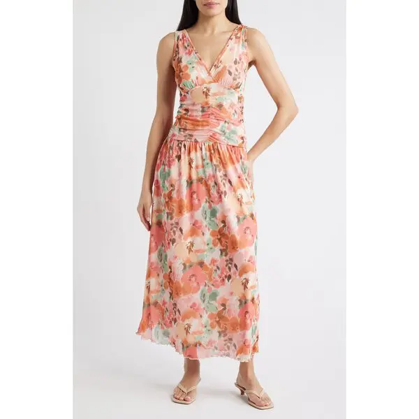 Loveappella Floral Ruched Mesh Maxi Dress - Blush