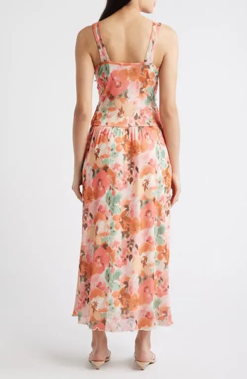 Loveappella Floral Ruched Mesh Maxi Dress - Blush