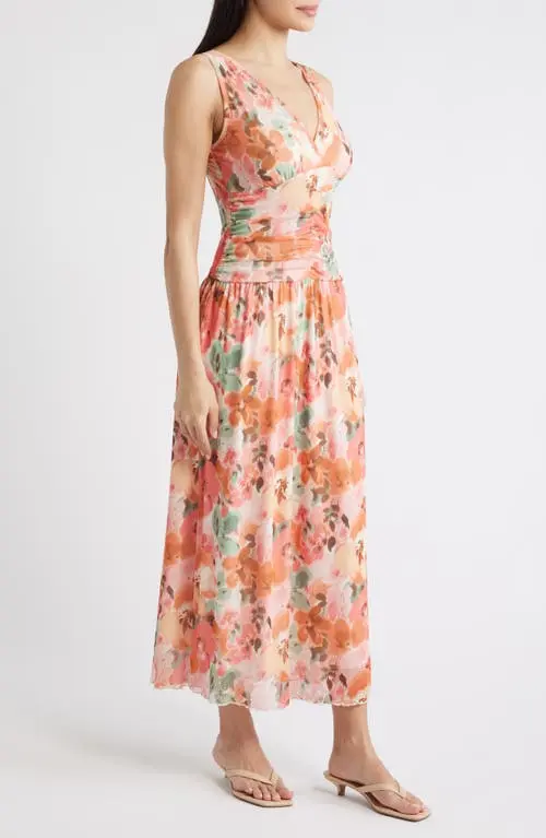 Loveappella Floral Ruched Mesh Maxi Dress - Blush