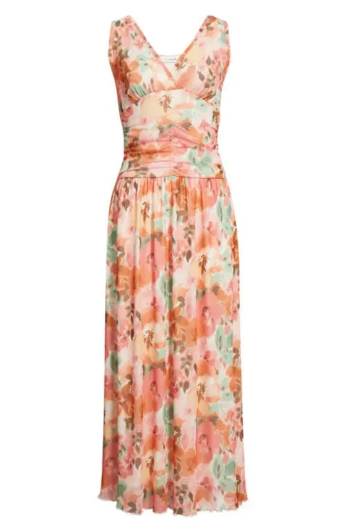 Loveappella Floral Ruched Mesh Maxi Dress - Blush