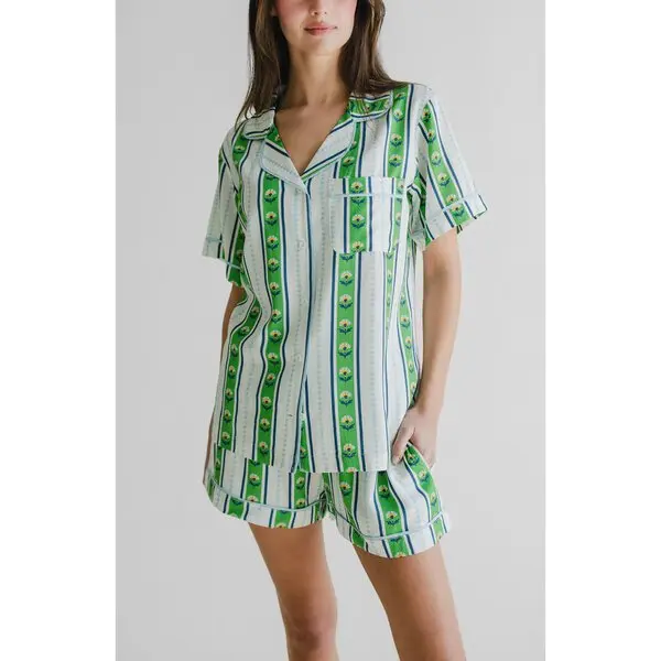 KATIE KIME Garden Stripe Pajama Shorts Set - Green