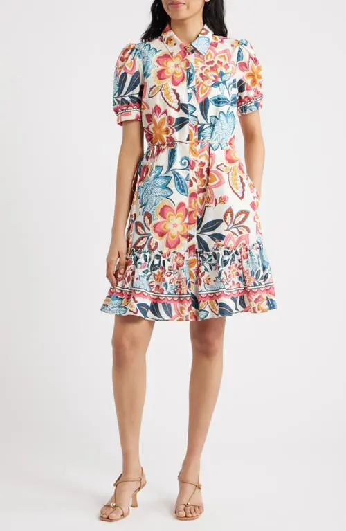 Julia Jordan Printed Puff Sleeve Shirt Dress - Ivory Multi