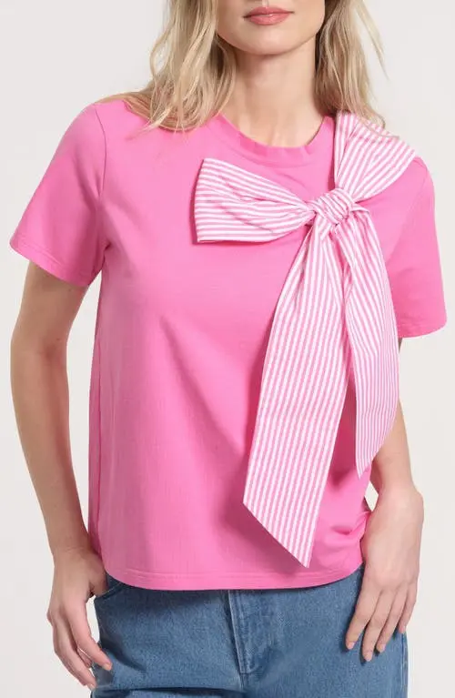 ISAAC MIZRAHI NEW YORK Striped Bow Stretch Cotton T-shirt - Light Pink