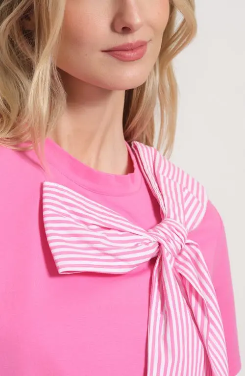 ISAAC MIZRAHI NEW YORK Striped Bow Stretch Cotton T-shirt - Light Pink