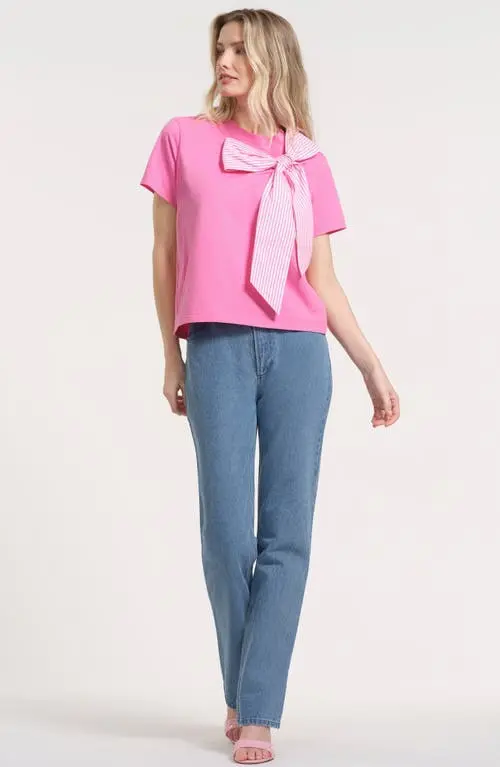 ISAAC MIZRAHI NEW YORK Striped Bow Stretch Cotton T-shirt - Light Pink
