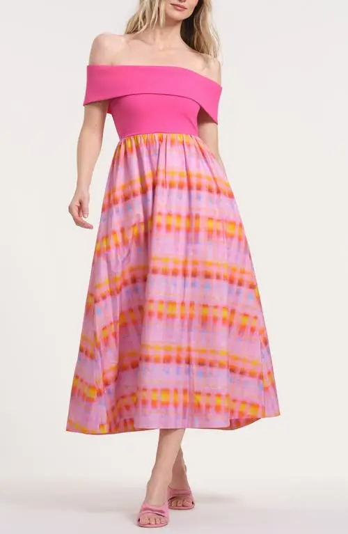 ISAAC MIZRAHI NEW YORK Off-the-shoulder Midi Dress - Pink Multi