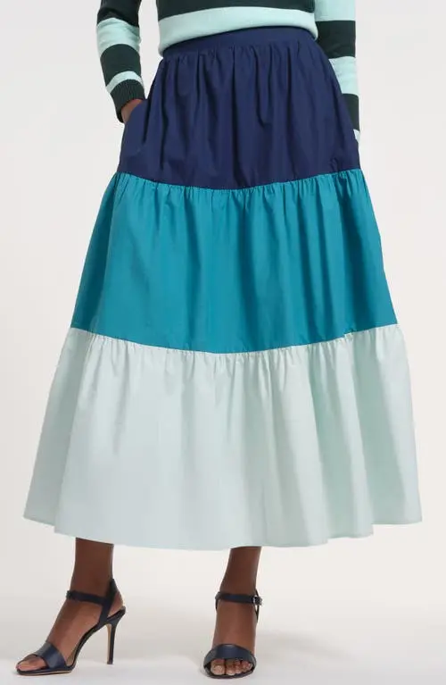 ISAAC MIZRAHI NEW YORK Tiered Stripe Cotton Midi Skirt - Teal Multi