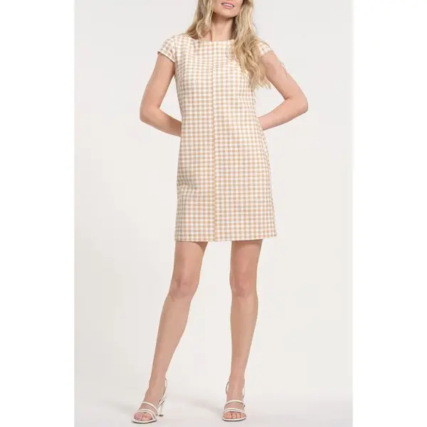 ISAAC MIZRAHI NEW YORK Gingham Cap Sleeve Minidress - Beige/white