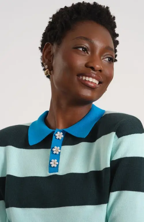 ISAAC MIZRAHI NEW YORK Floral Button Rugby Sweater - Teal/multi