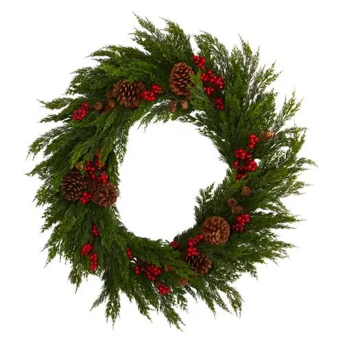 NEARLY NATURAL 32-in Cypress With Berries And Pine Cones Artificial Wreath - Green