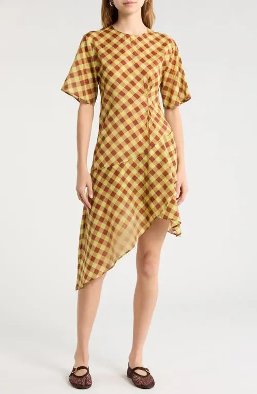 DAMSON MADDER Harmony Gingham Asymmetric Dress - Chocolate Multi