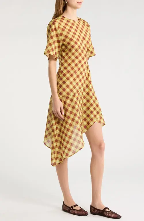 DAMSON MADDER Harmony Gingham Asymmetric Dress - Chocolate Multi