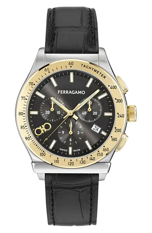FERRAGAMO 1927 Chronograph Leather Strap Watch - Two Tone Black