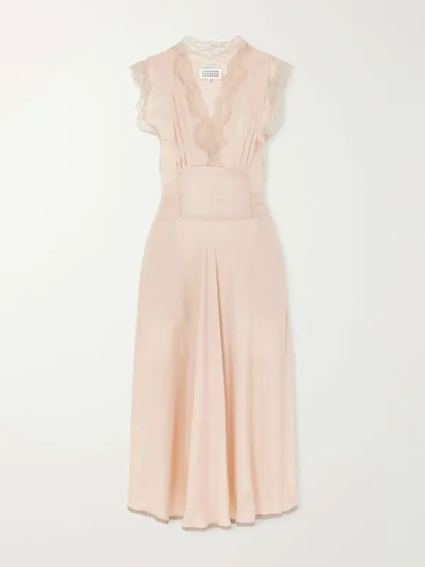 MAISON MARGIELA Lace-trimmed Satin Midi Dress - Pastel Pink