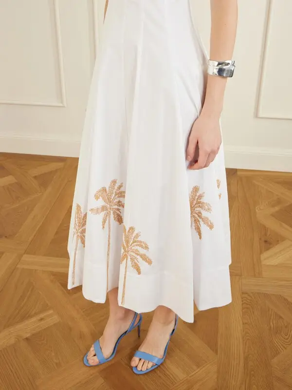 Staud Wells Pleated Printed Cotton-blend Poplin Midi Dress - White
