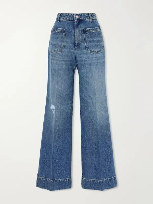 Victoria Beckham Alina Distressed High-rise Wide-leg Jeans - Blue