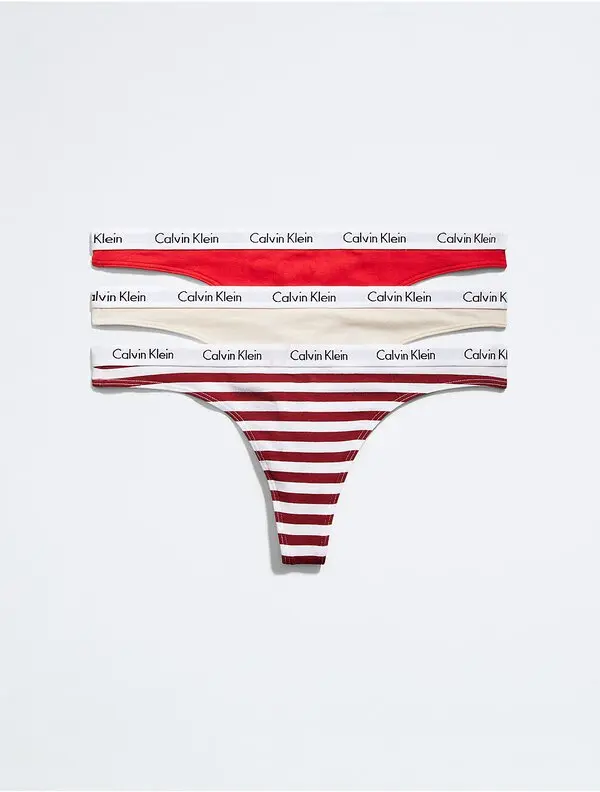 Calvin Klein Carousel Logo Cotton 3-pack Thong - Exact Stripe / Tapioca / Red Carpet