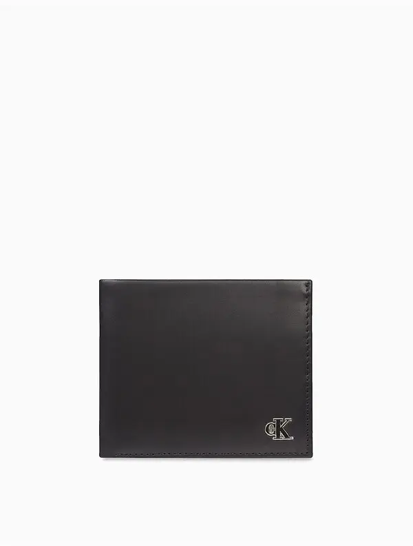 Calvin Klein Monogram Logo Plaque Leather Bifold Wallet - Black