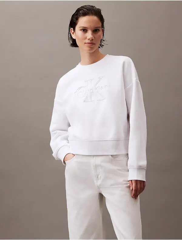 Calvin Klein Monogram Logo Fleece Relaxed Crewneck Sweatshirt - Brilliant White