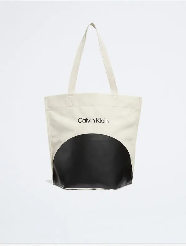 Calvin Klein Canvas Contrast Graphic Pinched Tote Bag - Natural Canvas