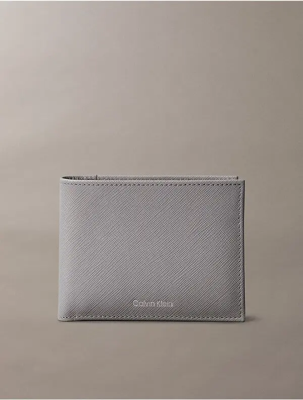Calvin Klein Saffiano Leather Card Case Bifold Wallet - Titanium