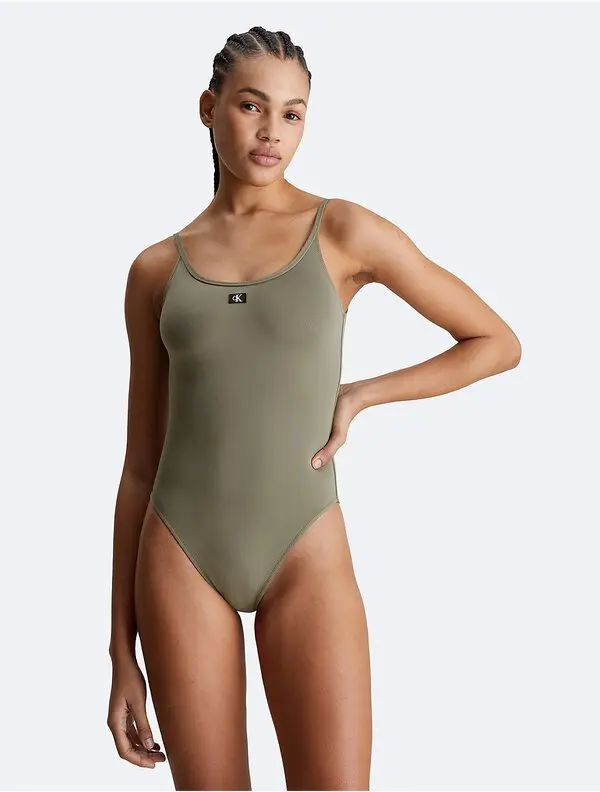 Calvin Klein Monogram Logo Scoopneck One Piece Swimsuit - Dusty Olive
