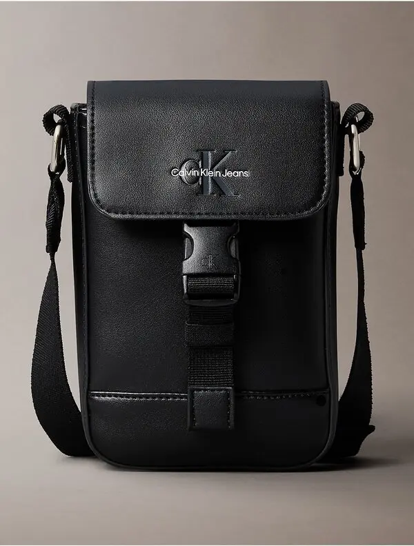 Calvin Klein Monogram Logo Flap Phone Crossbody Bag - Black