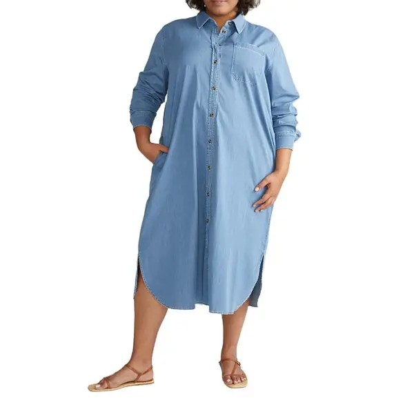 Universal Standard Odeon Stretch Cotton Chambray Shirtdress - Cove Blue