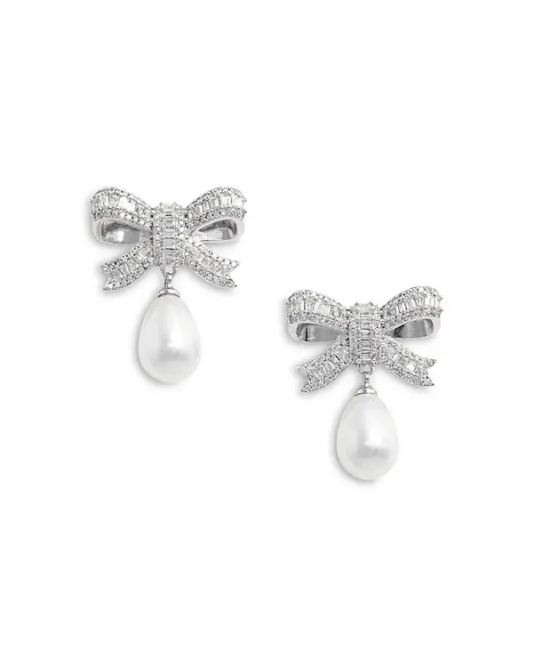 SELF-PORTRAIT Cubic Zirconia And Imitation Pearl Bow Drop Earrings - Silver/pearl