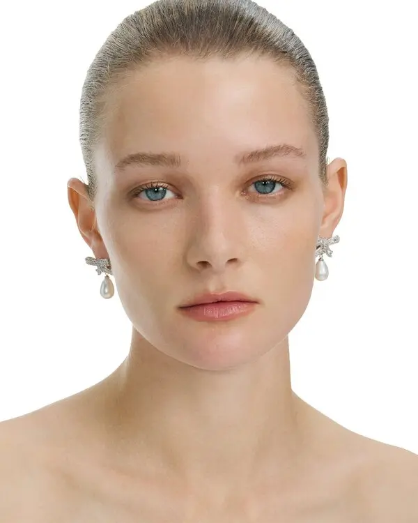 SELF-PORTRAIT Cubic Zirconia And Imitation Pearl Bow Drop Earrings - Silver/pearl