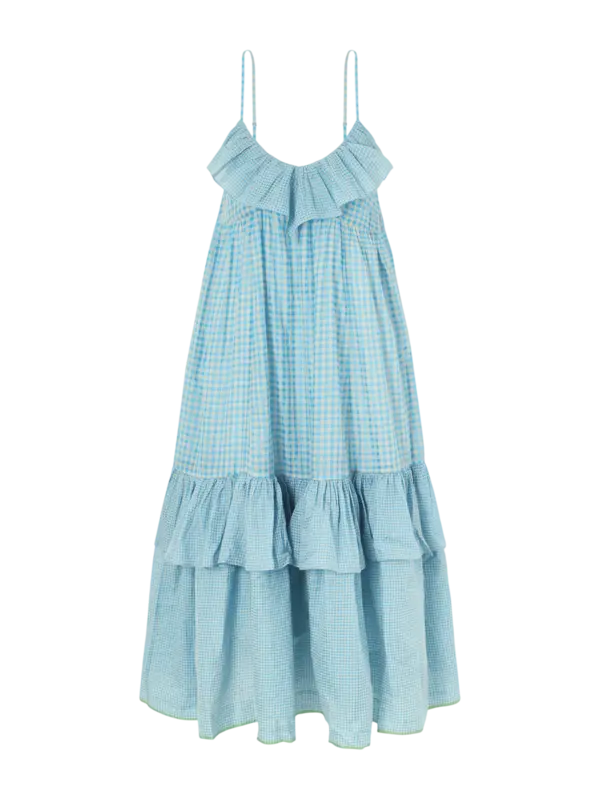 EKA Teek Ruffled Tiered Checkered Cotton Silk Dress - Blue